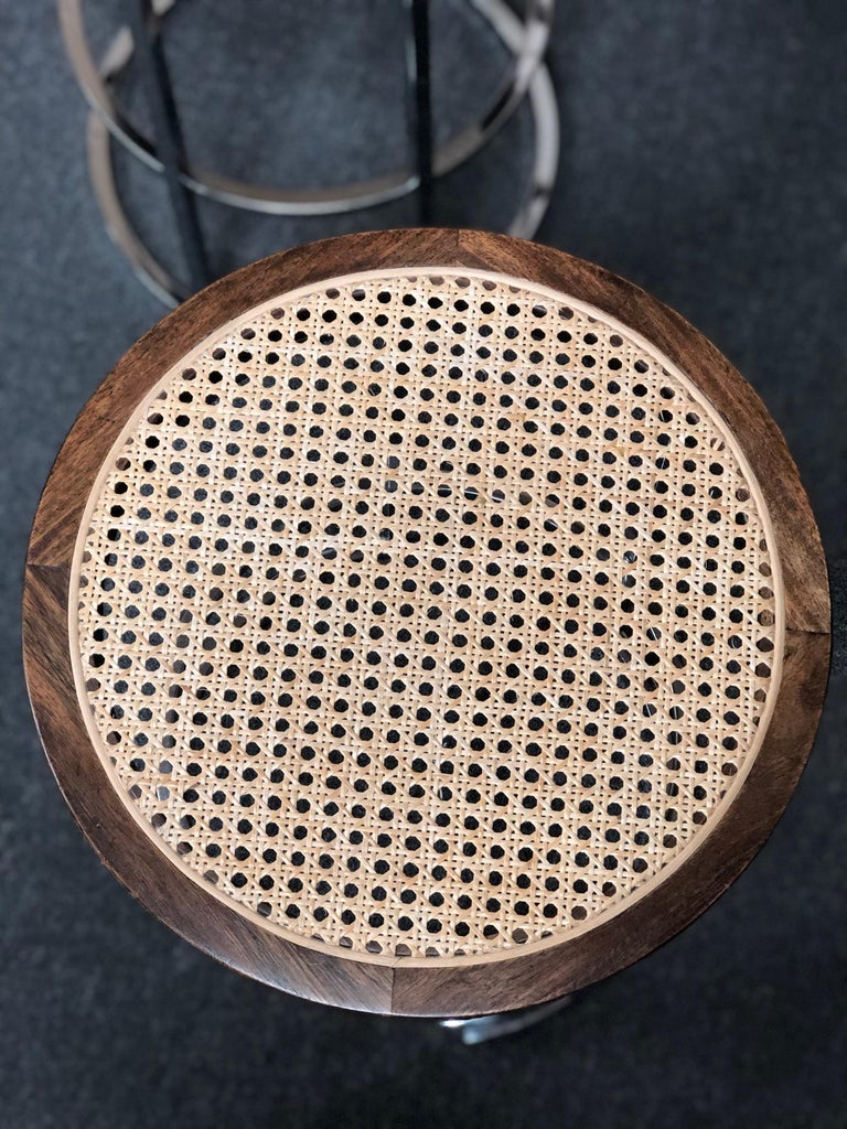 Pair of Mid Century Wood, Chrome and Cane Counter / Bar Stools at 1stDibs