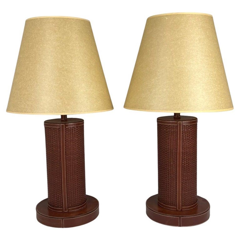 Mid-Century Pair of Woven Leather Table Lamps For Sale at 1stDibs