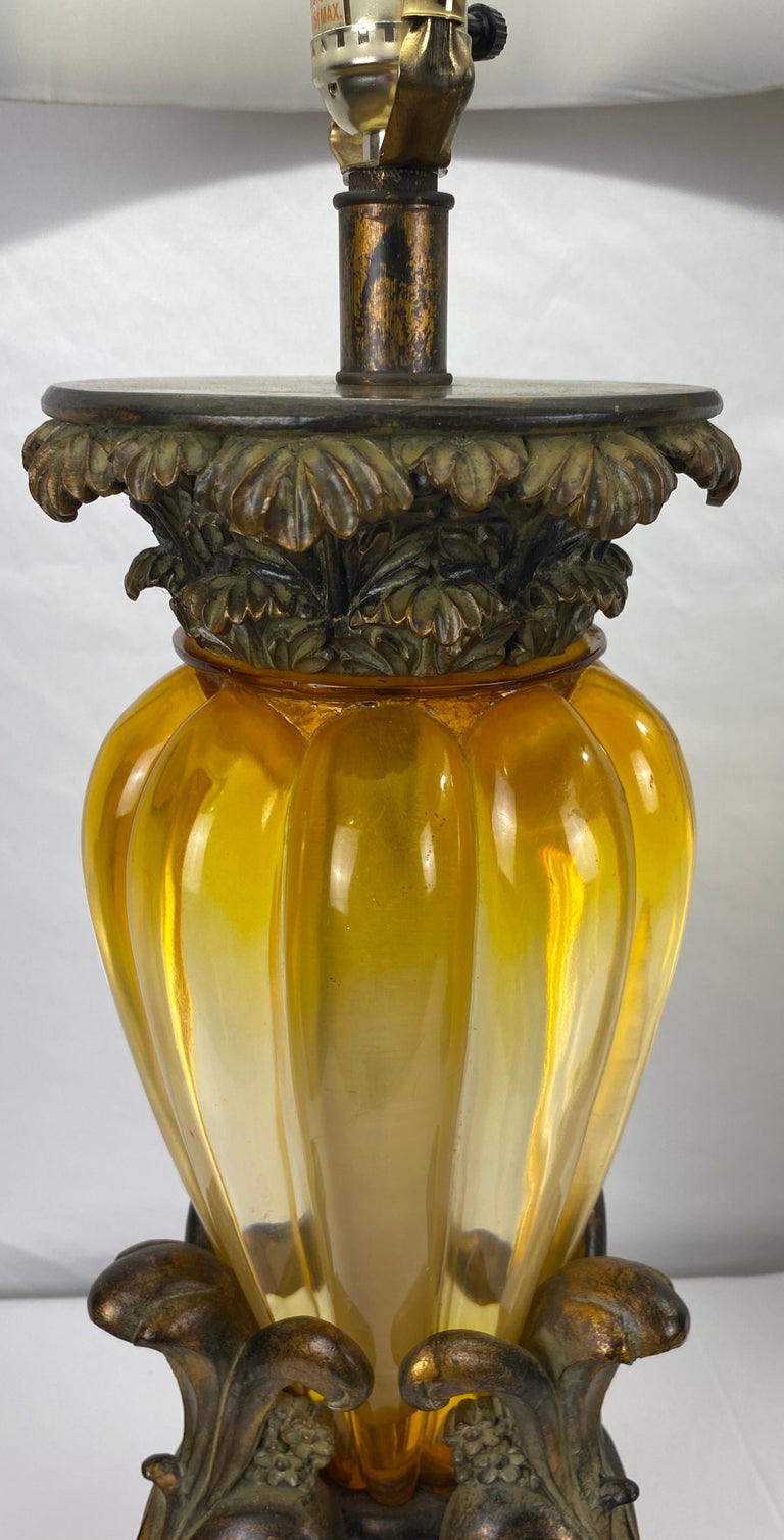 Pair of Mid-Century Amber Glass Table Lamps with Beige Silk Shades For ...