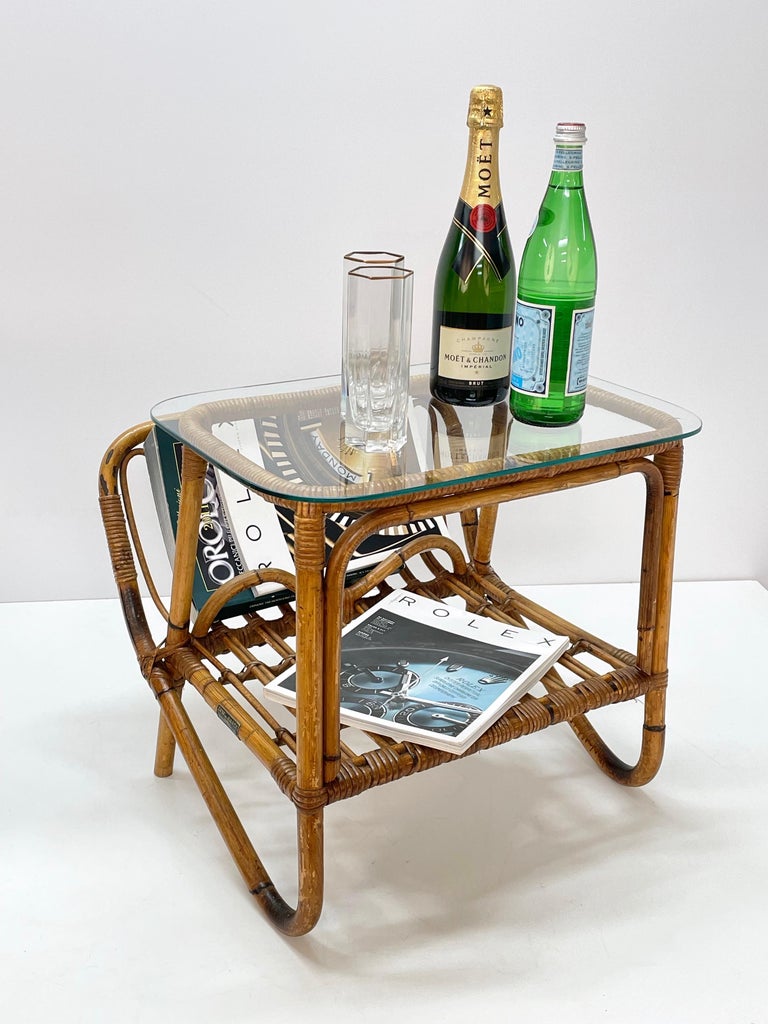 Pair of Midcentury Bamboo Italian Magazine Rack Tables with Glass Shelf ...
