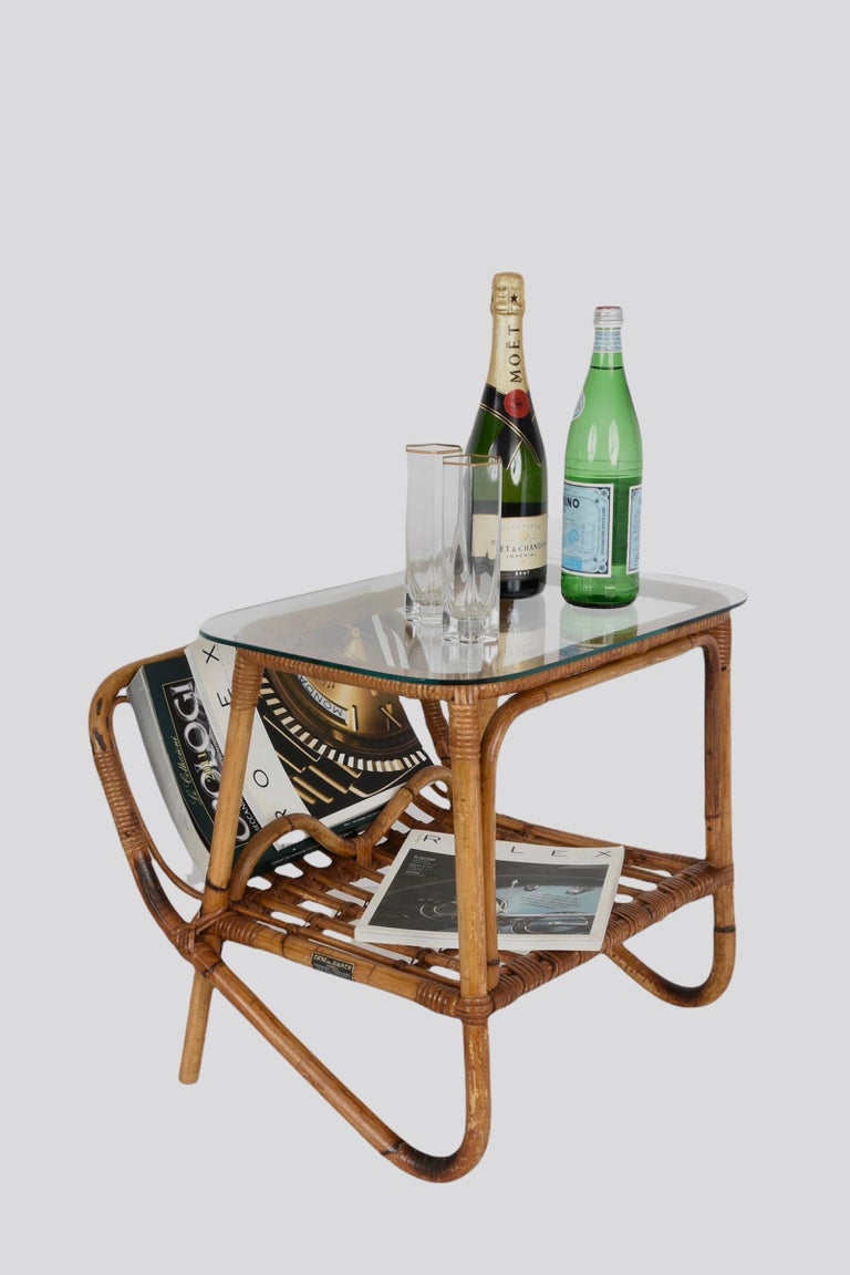 Pair of Midcentury Bamboo Italian Magazine Rack Tables with Glass Shelf ...