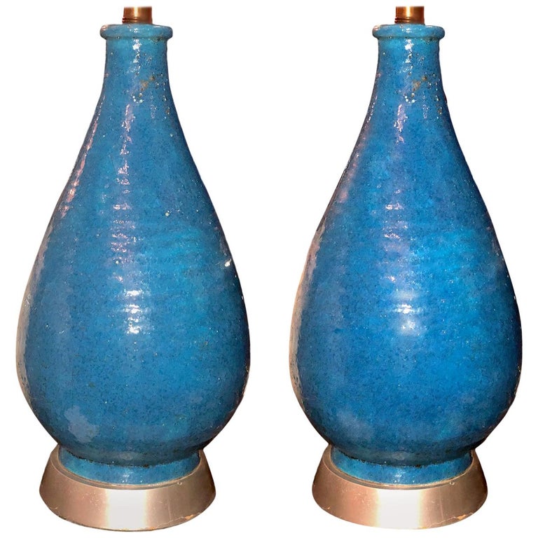 Pair of Midcentury Blue Ceramic Table Lamps For Sale at 1stDibs