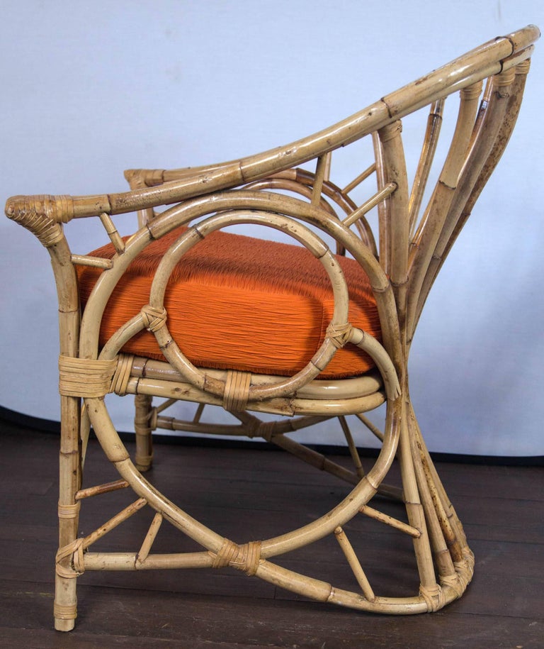 Pair of Midcentury Circle Sided Rattan Arm Chairs For Sale at 1stDibs
