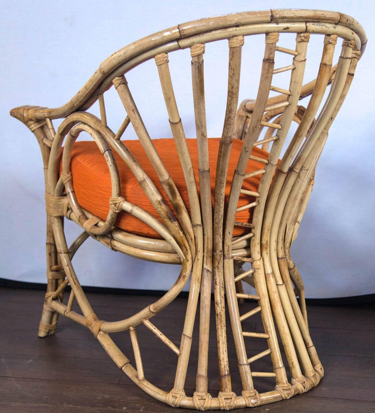 Pair of Midcentury Circle Sided Rattan Arm Chairs For Sale at 1stDibs
