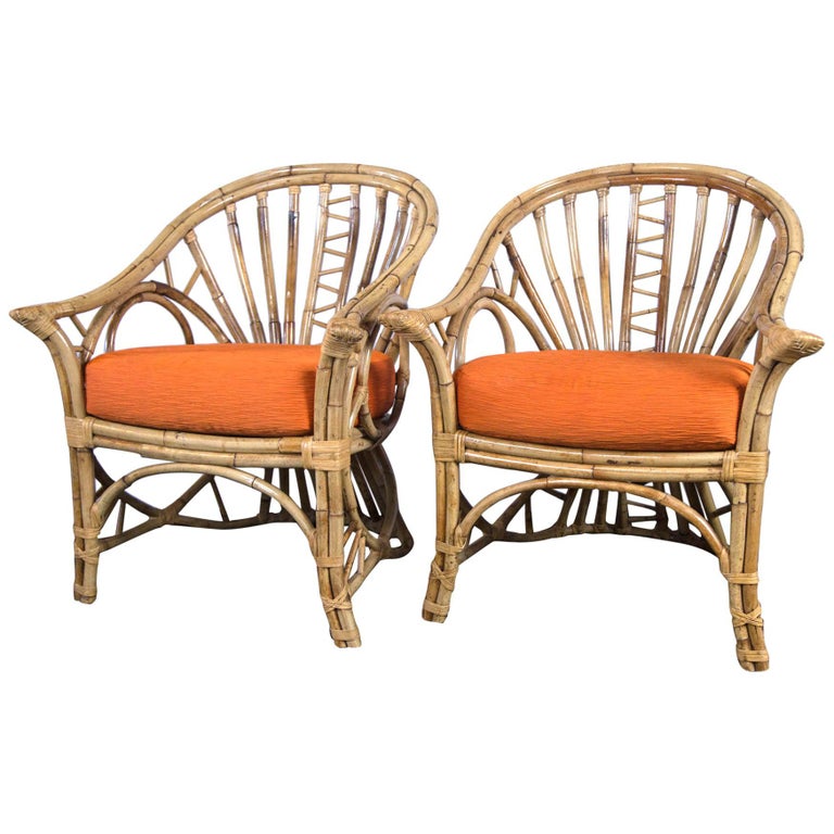 Pair of Midcentury Circle Sided Rattan Arm Chairs For Sale at 1stDibs