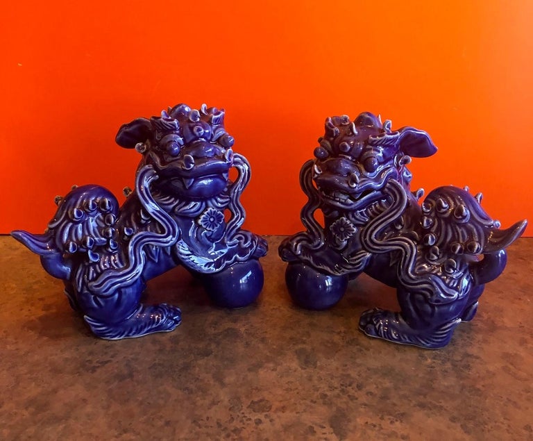 Pair of Midcentury Dark Blue Chinese Ceramic Foo Dogs at 1stDibs