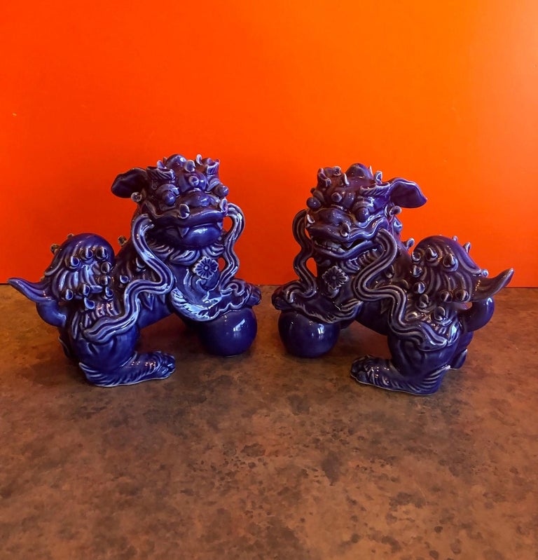 Pair of Midcentury Dark Blue Chinese Ceramic Foo Dogs at 1stDibs