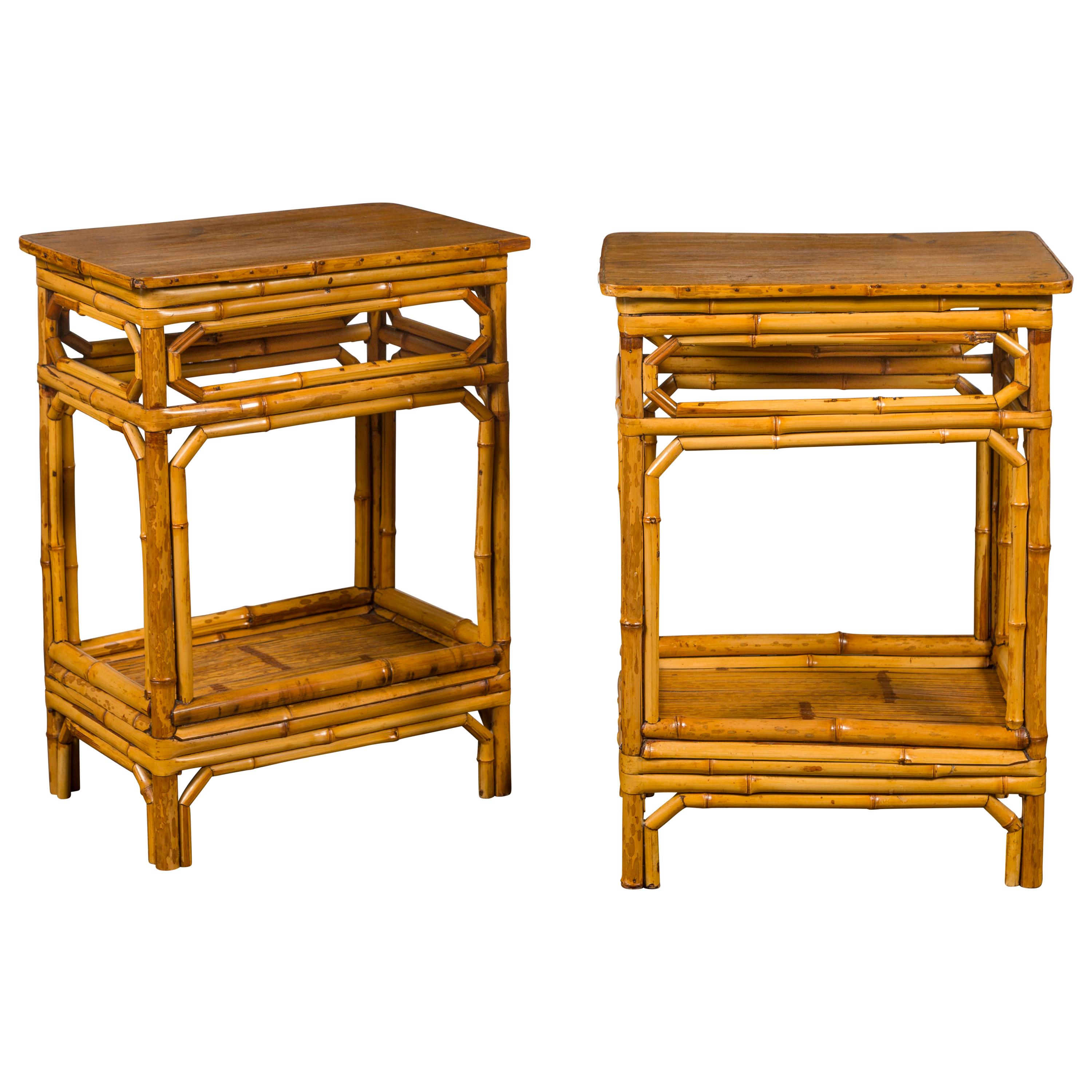 Pair of Midcentury Ebonized Faux Bamboo and Glass Side Tables with ...