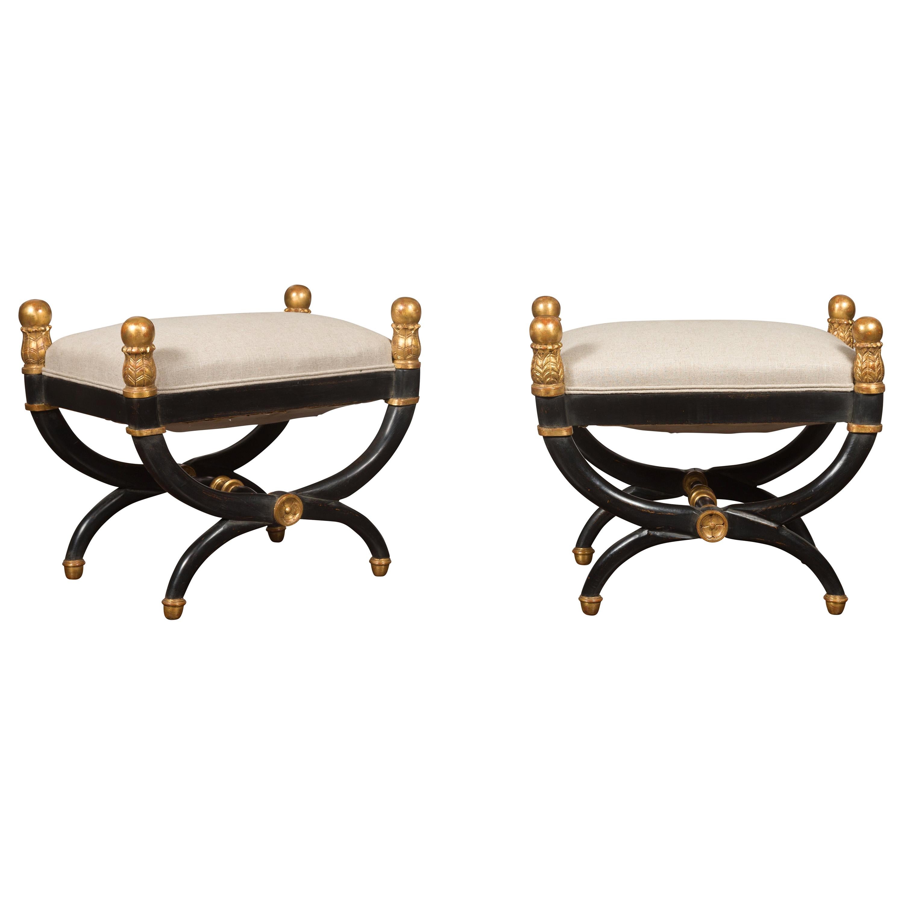 Pair of Midcentury French Empire Style Ebonized Curule Stools with Gilt ...