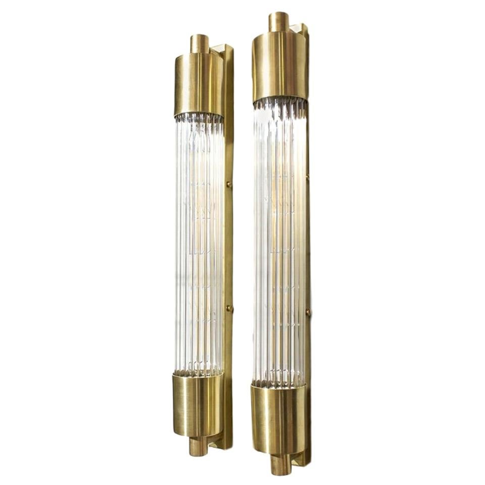 Pair of Custom Large Glass Rod Sconces with Brass Frame For Sale at ...
