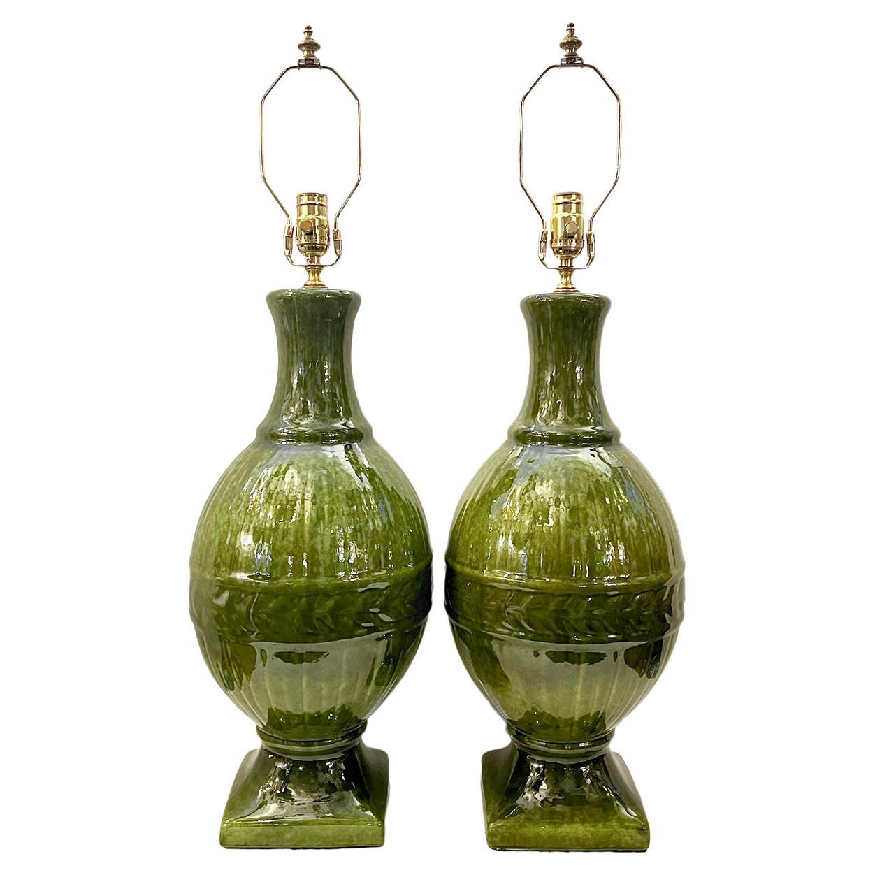 Pair of Midcentury Green Porcelain Lamps For Sale at 1stDibs