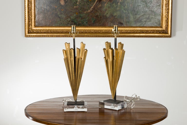 Pair of Midcentury Italian Gilt Metal Sunray Table Lamps Mounted on ...