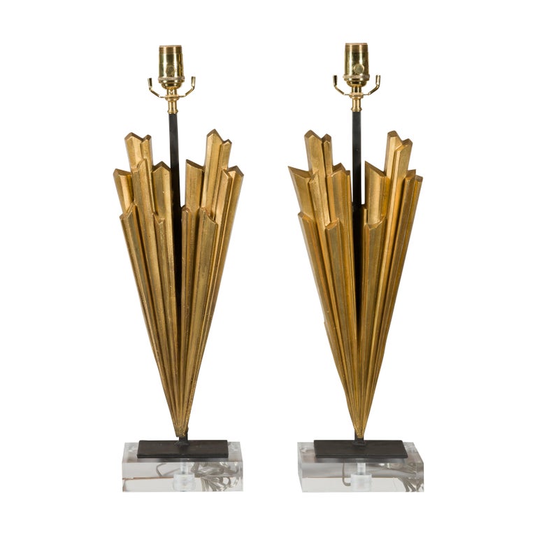 Pair of Midcentury Italian Gilt Metal Sunray Table Lamps Mounted on ...