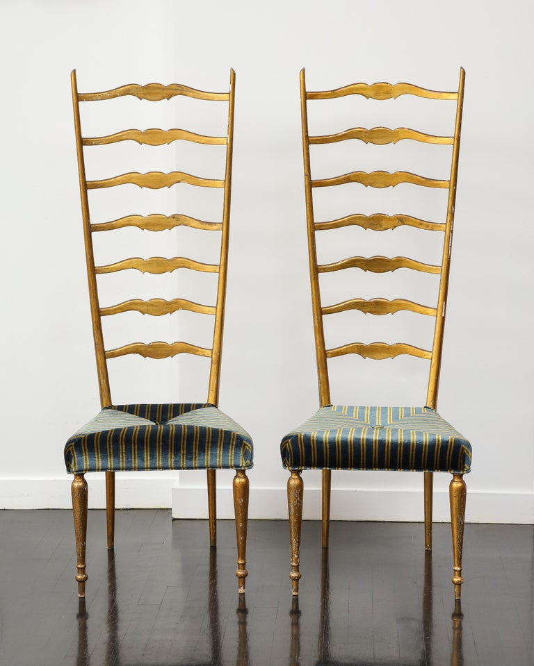 Pair of Midcentury Italian Giltwood High Ladder Back Chairs with Velvet ...