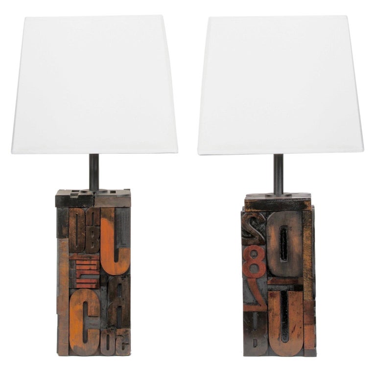 Pair of Midcentury Letterpress "Printers" Table Lamps, USA, circa 1970 ...