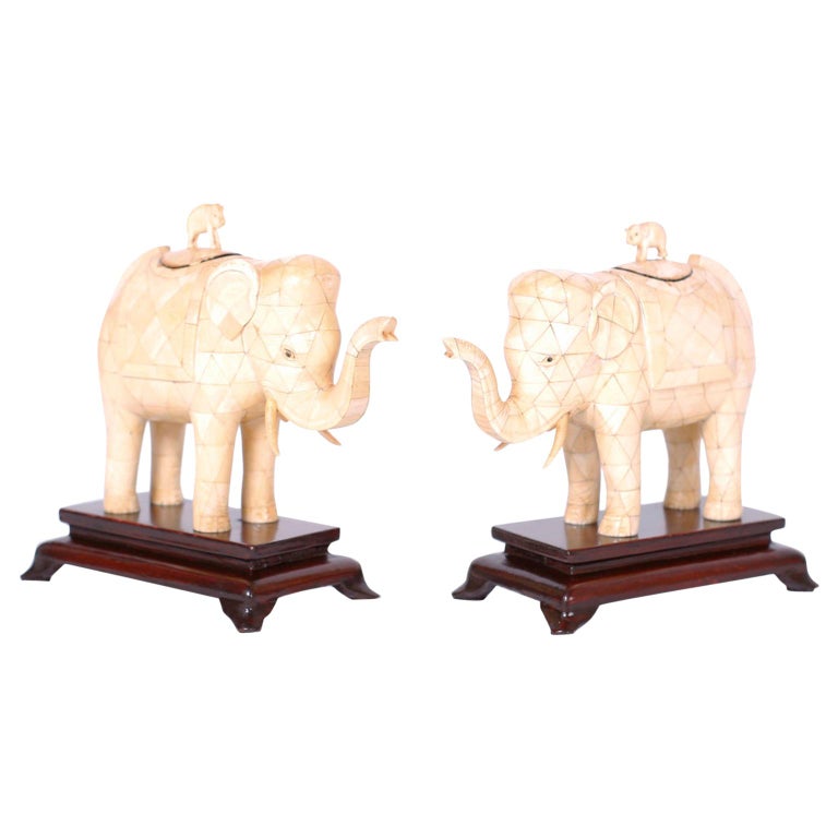 Pair of Midcentury Lidded Bone Elephant Boxes at 1stDibs