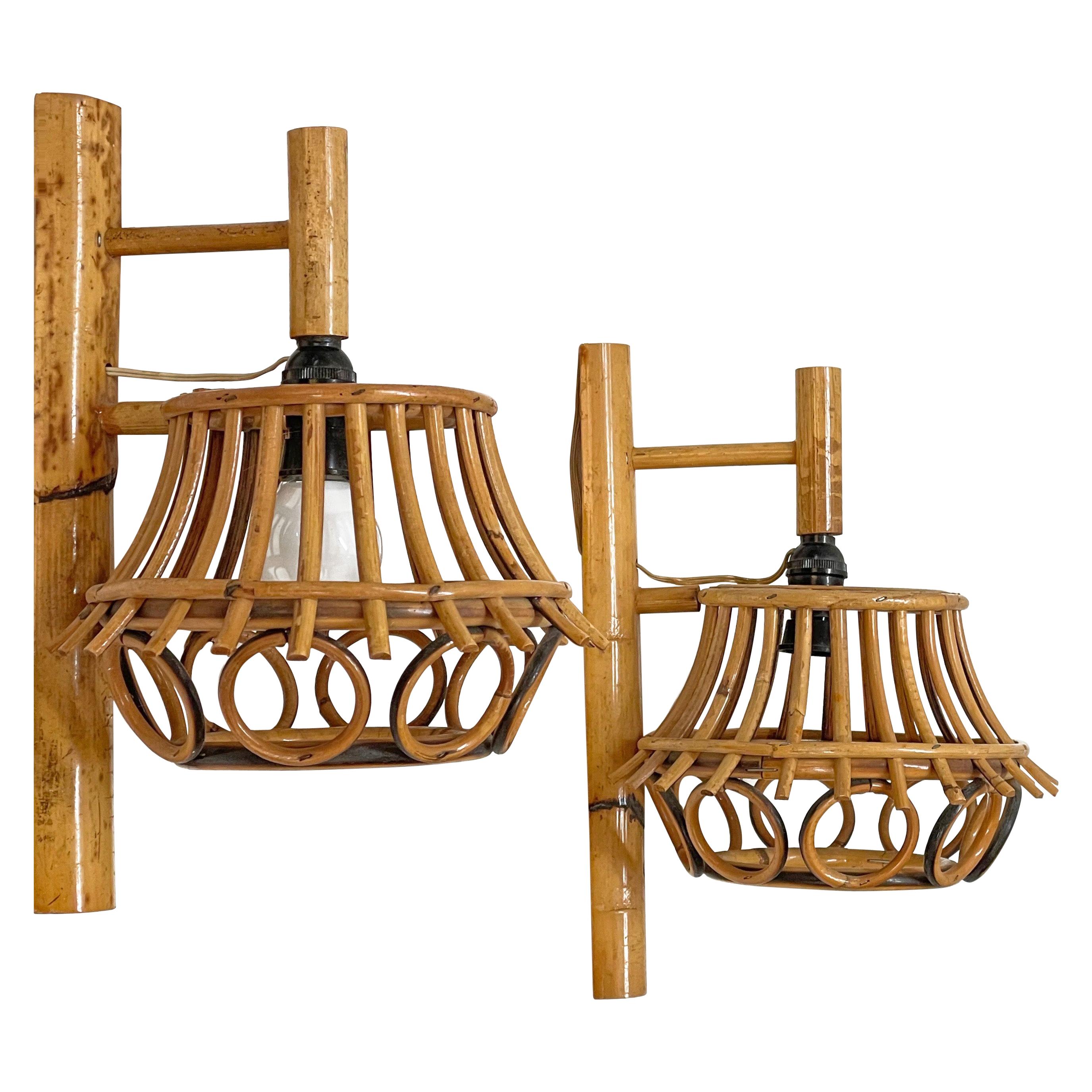 Pair of Midcentury Rattan and Bamboo Italian Sconces Attributed to ...