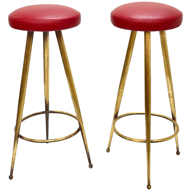 Pair of Midcentury Red Vinyl and Brass Tripod Italian Bar Stools, 1950s ...