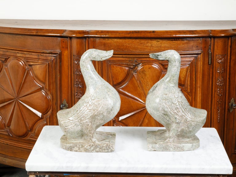 Pair of Midcentury Stone Duck Sculptures with Low-Relief Carved ...
