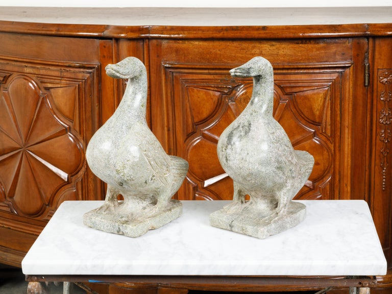 Pair of Midcentury Stone Duck Sculptures with Low-Relief Carved ...