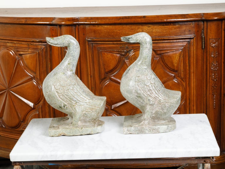 Pair of Midcentury Stone Duck Sculptures with Low-Relief Carved ...