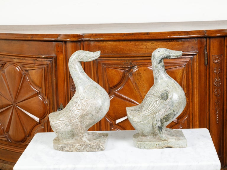 Pair of Midcentury Stone Duck Sculptures with Low-Relief Carved ...