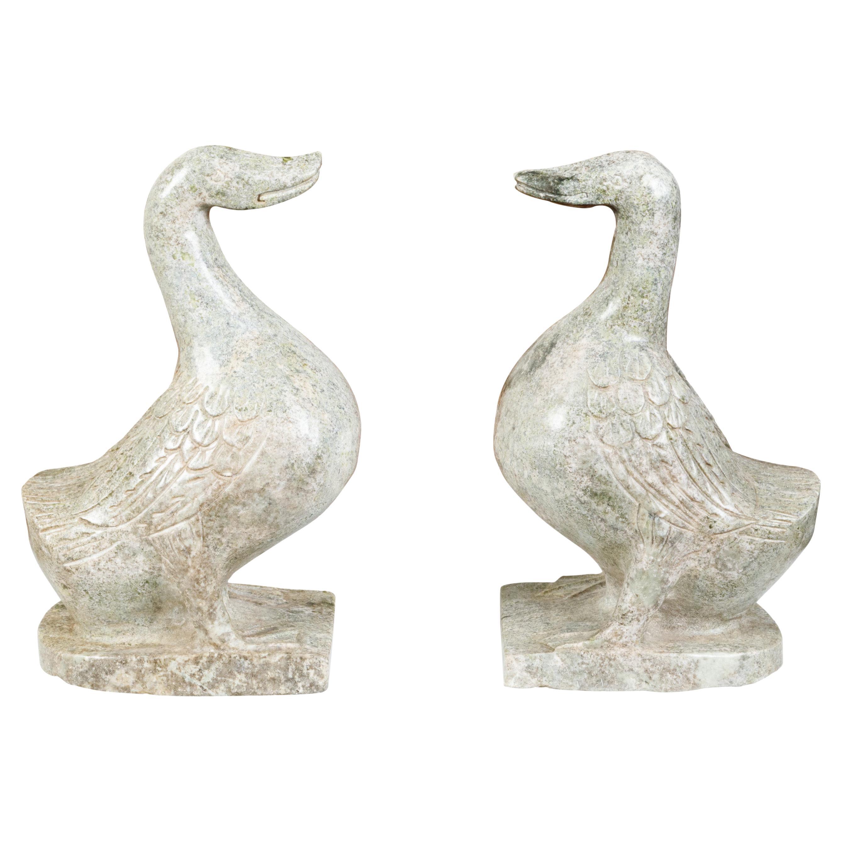 Pair of Midcentury Stone Duck Sculptures with Low-Relief Carved ...
