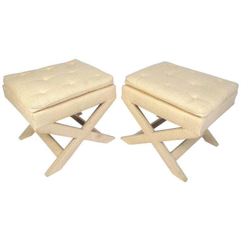 Pair of Midcentury Style X-Base Upholstered Ottomans For Sale at 1stDibs