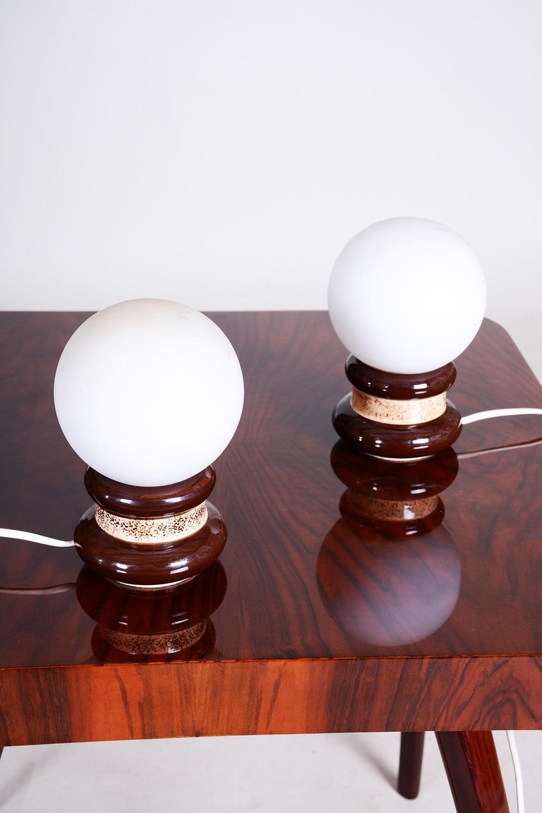 Pair of Midcentury Table Lamps, Ceramics, Opal Glass, Functional, Czechia, 1950s For Sale at 1stDibs