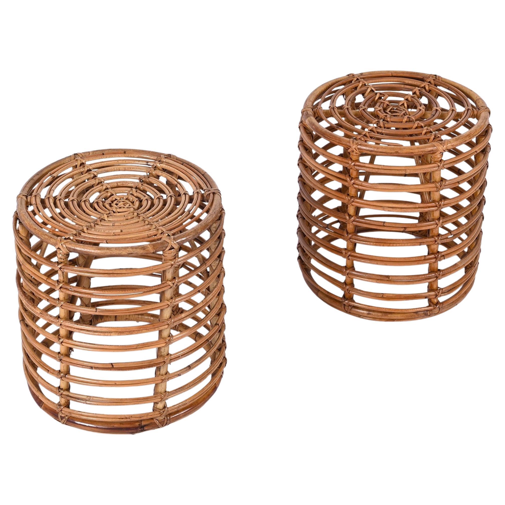 Pair of Midcentury Tito Agnoli Rattan and Bamboo Italian Pouf Stools ...