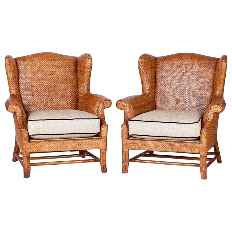 Pair of Midcentury Wicker Wingback Armchairs by Baker at 1stDibs