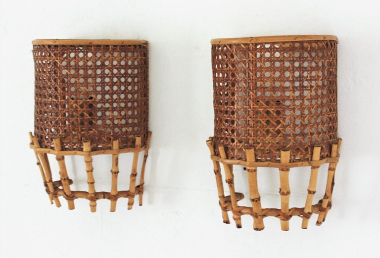 Pair of Midcentury Woven Wicker Weave and Bamboo Wall Sconces For Sale ...