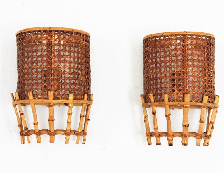 Pair of Midcentury Woven Wicker Weave and Bamboo Wall Sconces For Sale ...