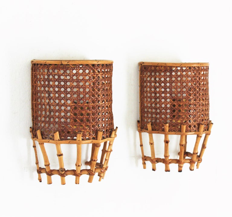 Pair of Midcentury Woven Wicker Weave and Bamboo Wall Sconces For Sale ...