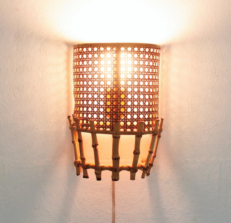 Pair of Midcentury Woven Wicker Weave and Bamboo Wall Sconces For Sale ...