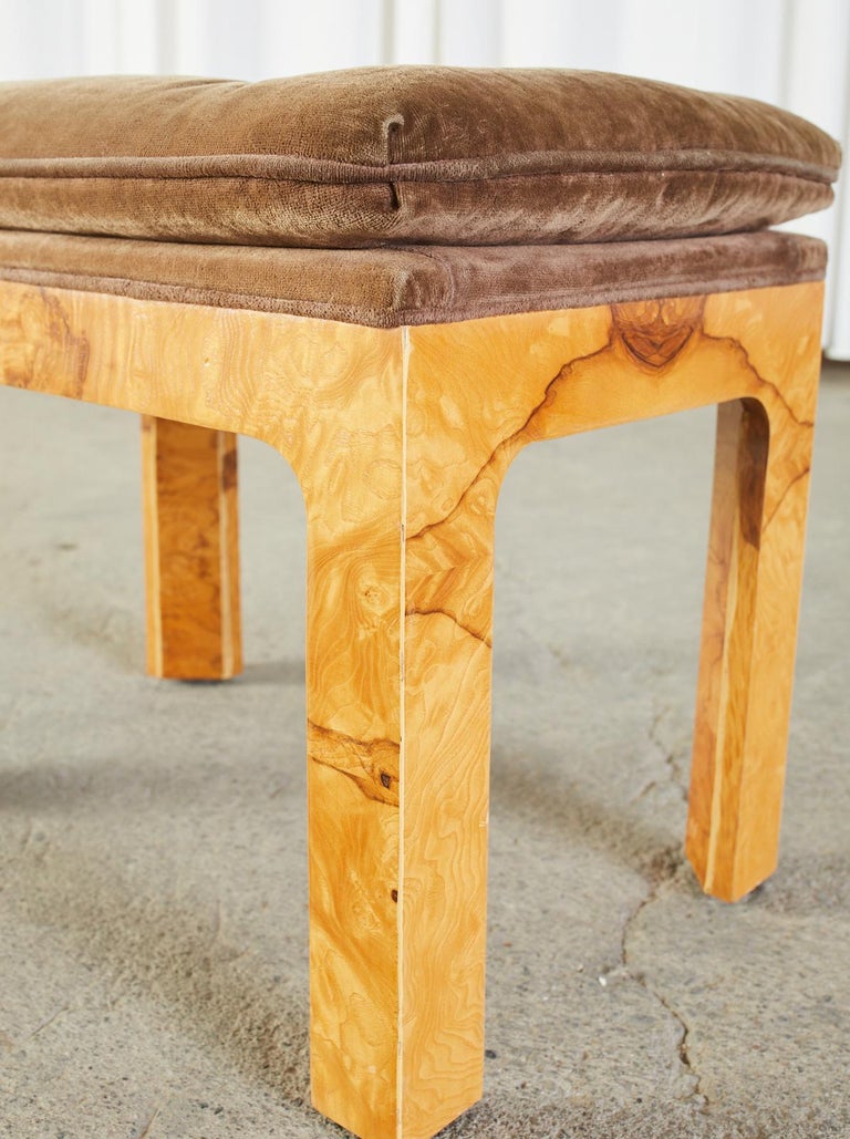 Pair of Milo Baughman Burl Tufted Seat Parsons Stools For Sale at 1stDibs