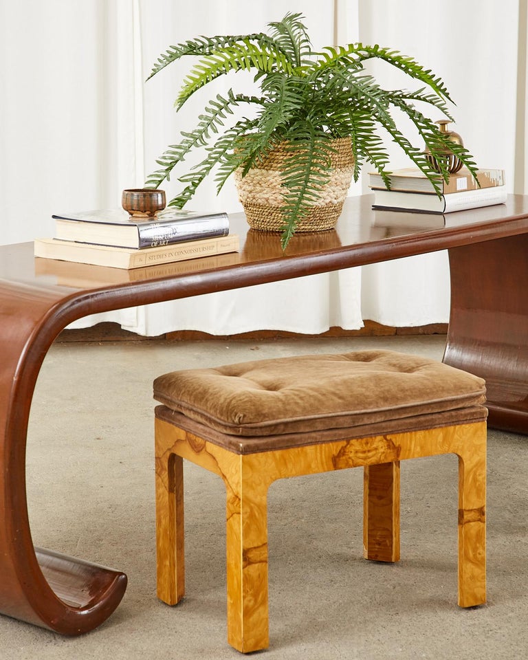 Pair of Milo Baughman Burl Tufted Seat Parsons Stools For Sale at 1stDibs