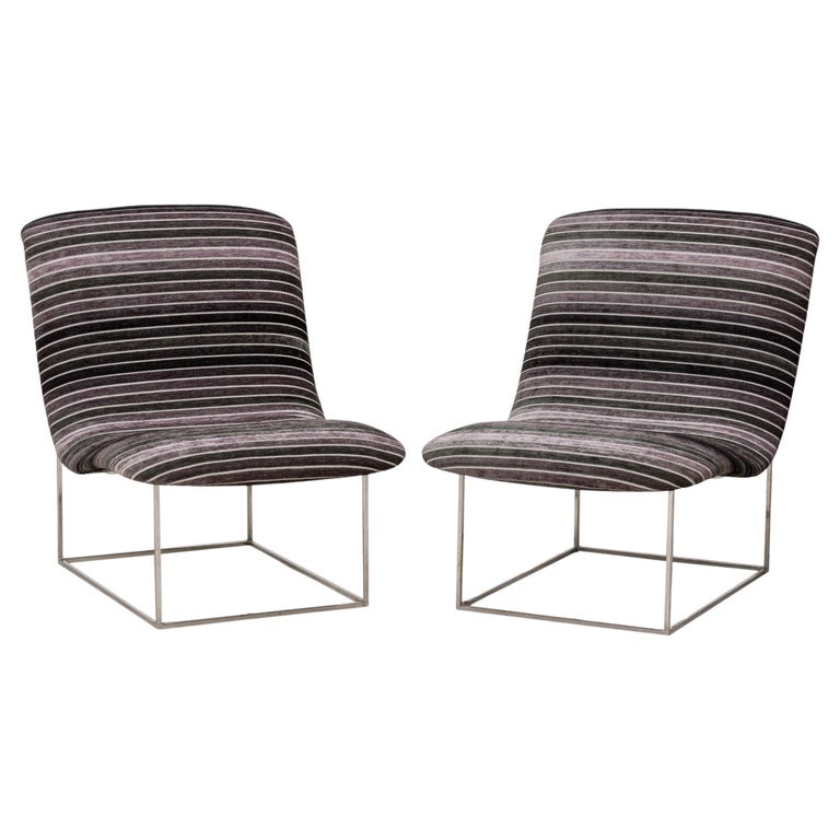 Pair of Milo Baughman Chrome and Black / Gray Striped Upholstery ...