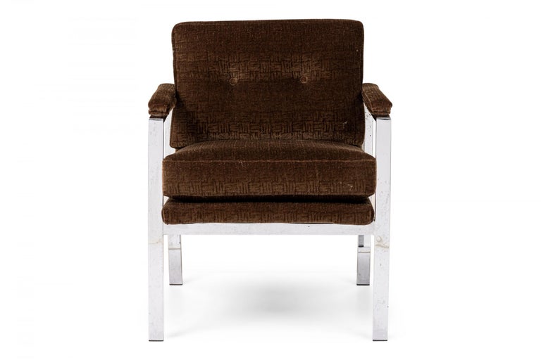 Pair of Milo Baughman Flat Chrome Bar and Brown Fabric Upholstered ...
