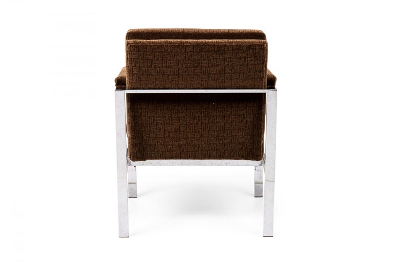 Pair of Milo Baughman Flat Chrome Bar and Brown Fabric Upholstered ...