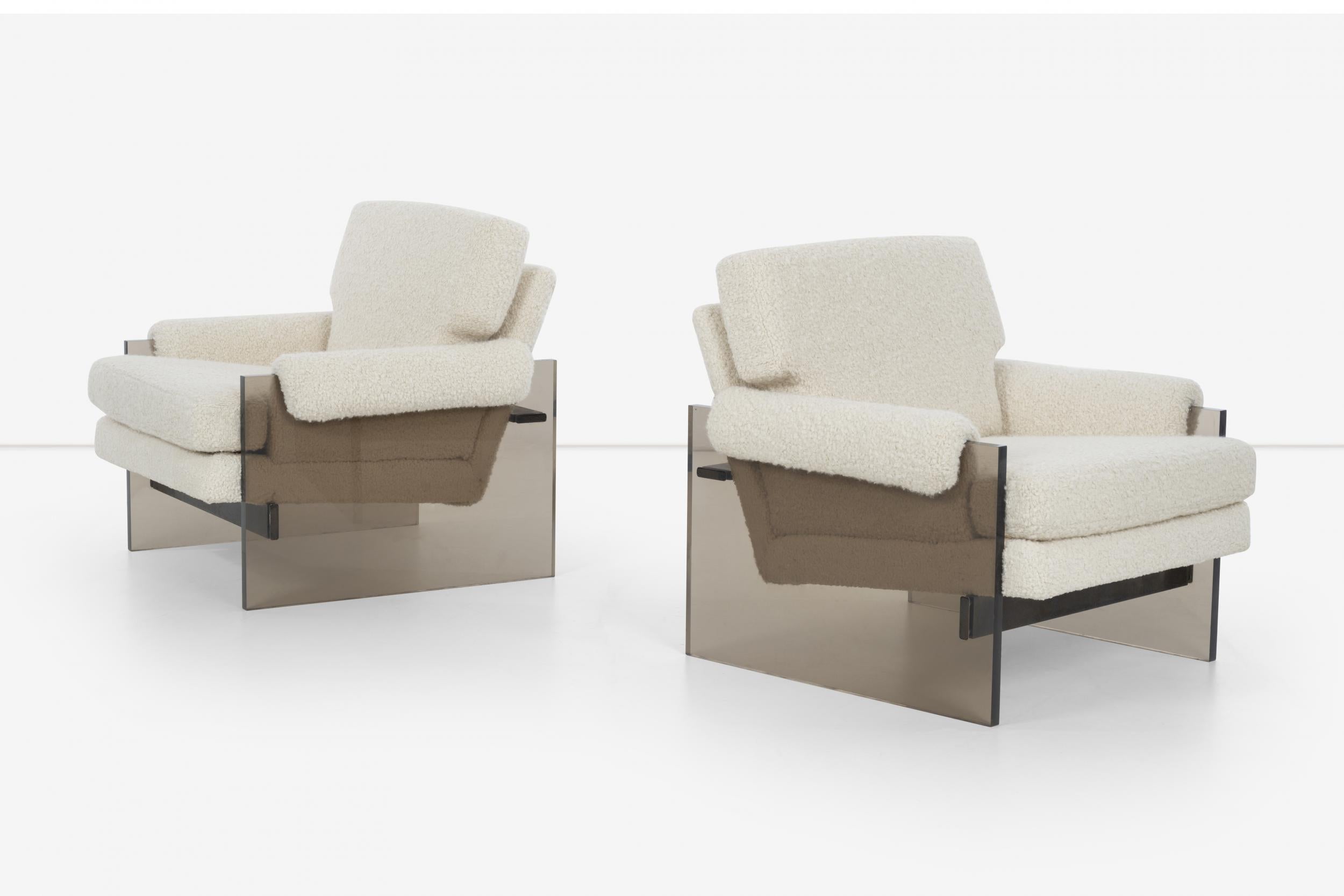 Pair of Milo Baughman Smoked Bronze Plexi Lounge Chairs in Boucle For ...