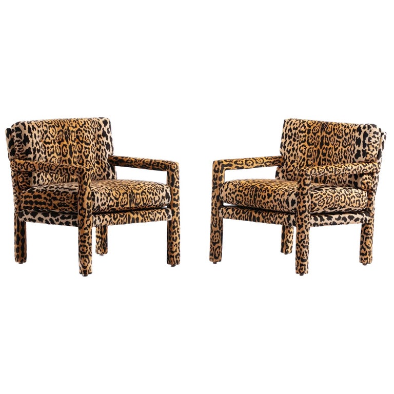 Pair of Milo Baughman Style Midcentury Parsons Chairs in Leopard Velvet ...
