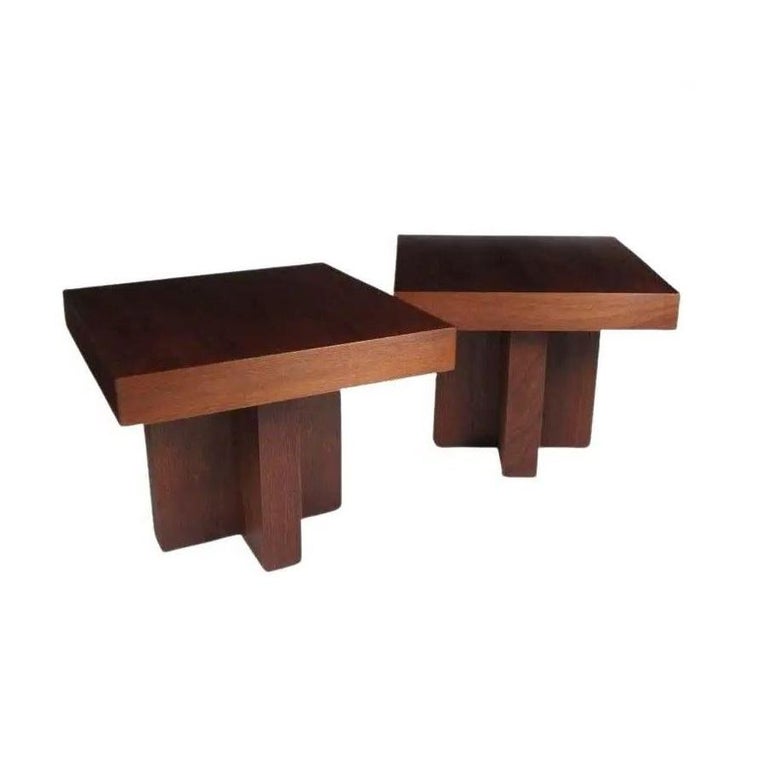 Pair of Milo Baughman Style Walnut Cruciform Tables at 1stDibs