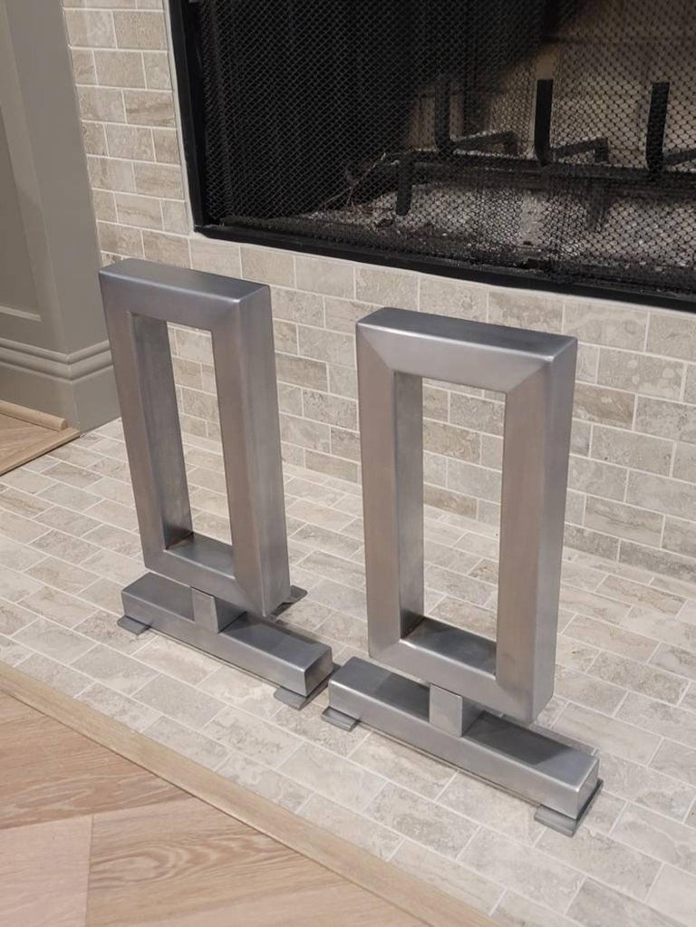 Pair of Minimalist Modern Rectangular Metal Andirons For Sale at 1stDibs