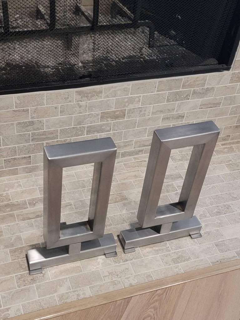 Pair of Minimalist Modern Rectangular Metal Andirons For Sale at 1stDibs