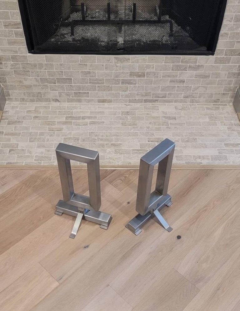 Pair of Minimalist Modern Rectangular Metal Andirons For Sale at 1stDibs