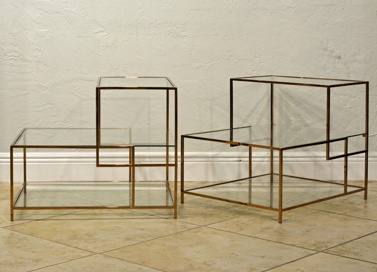 Pair of Minimalist Solid Brass and Glass Piet Mondrian Style Two Step ...