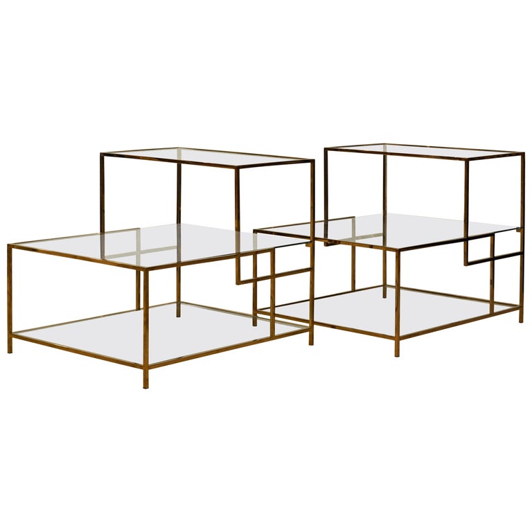 Pair of Minimalist Solid Brass and Glass Piet Mondrian Style Two Step ...