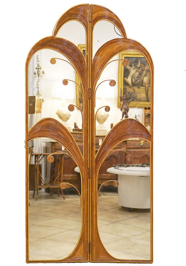 Pair of Mirrored Bamboo Rattan Palm Tree Folding Screens Style of Vivai ...