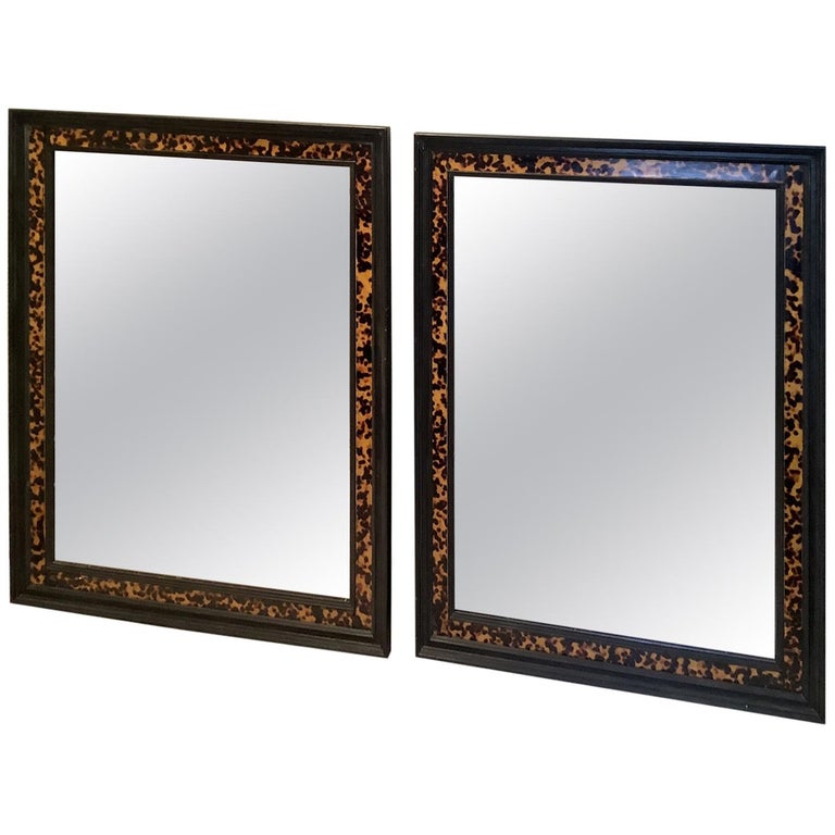 Pair of Mirrors Framed in Black Wood and Trimmed with Faux Tortoise ...